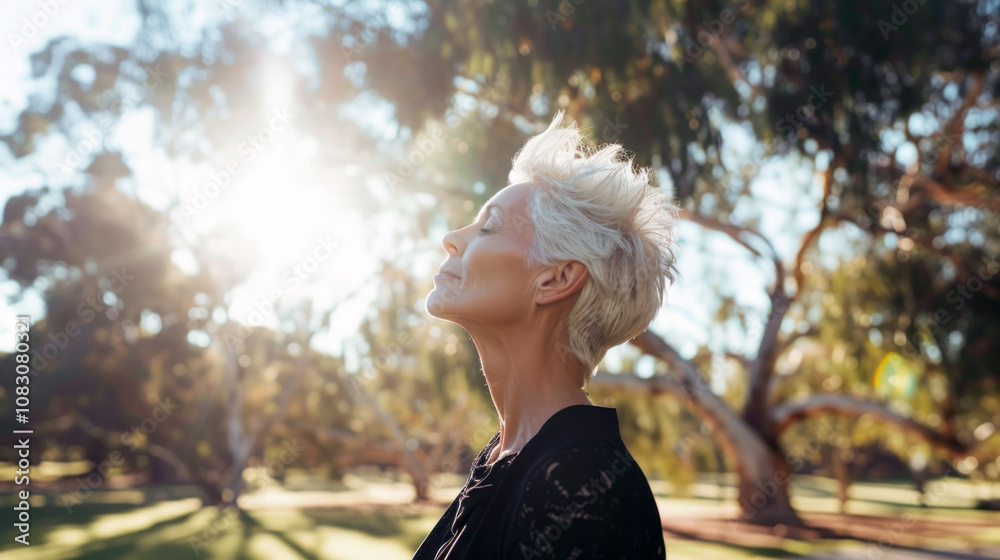Mature Woman with Short Hair Enjoying Sunlight in Peaceful Park ...