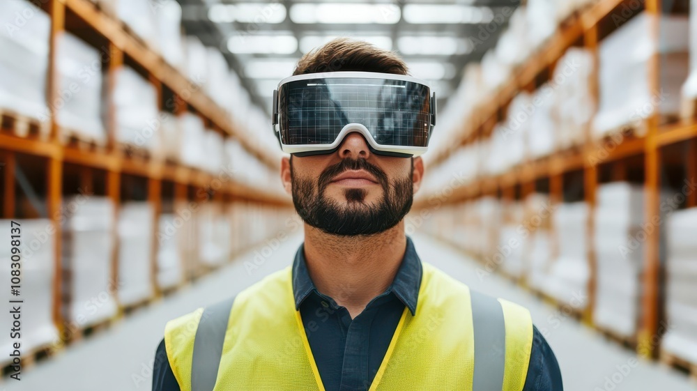 Digital Transformation Supply Chain, A logistics manager using augmented reality AR glasses to ...