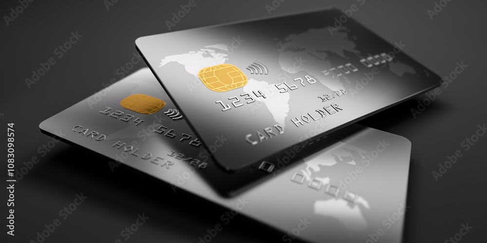 Silver glossy credit cards mock up, dark black background, 3D ...