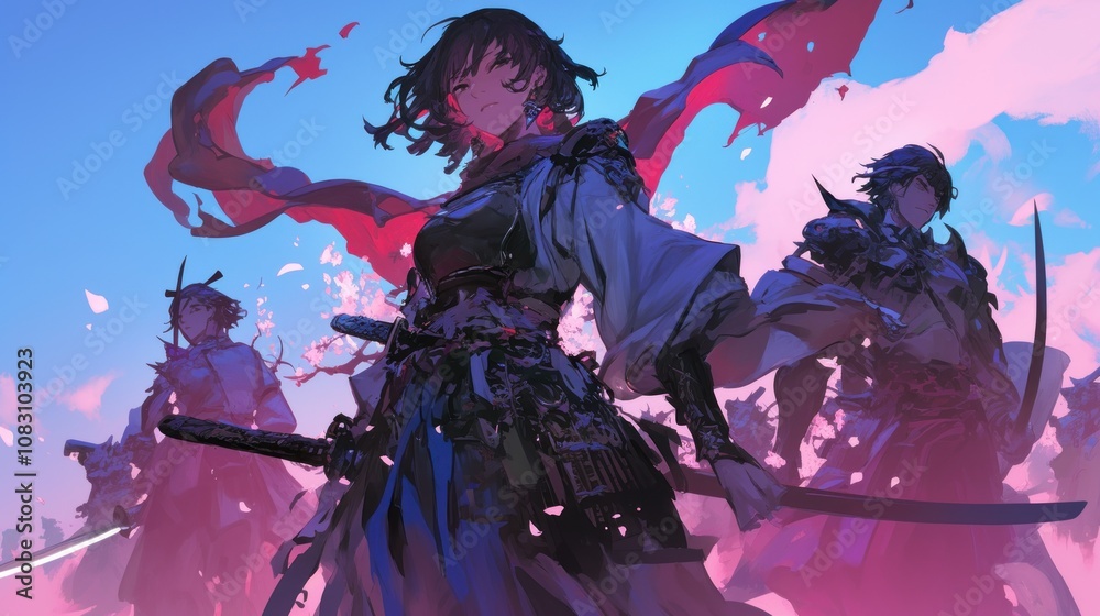 Three anime characters stand in a dramatic pose with swords drawn, with ...