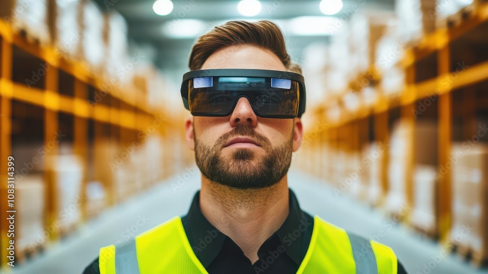 Digital Transformation Supply Chain, A logistics manager using augmented reality AR glasses to ...