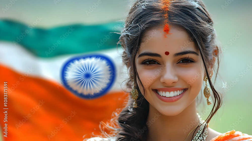 Smiling Woman with Red Dot on Forehead in Front of Indian Flag ...