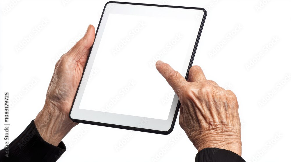 person using tablet device with blank screen, showcasing hands ...