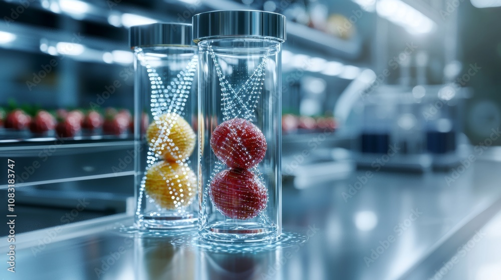 Laboratory setting with genetically modified fruit samples, DNA strands ...