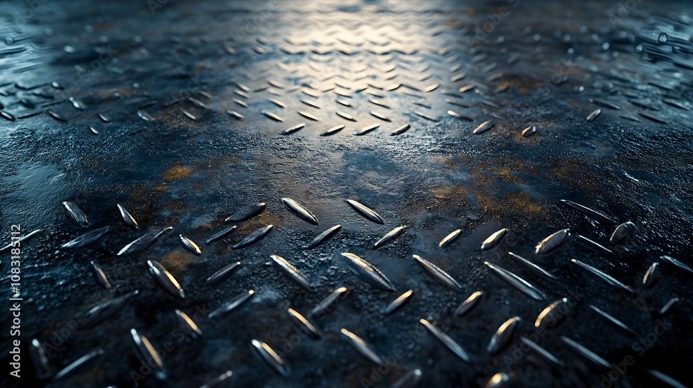 Wide industrial floor with metallic diamond kick plate, cross-hatch ...