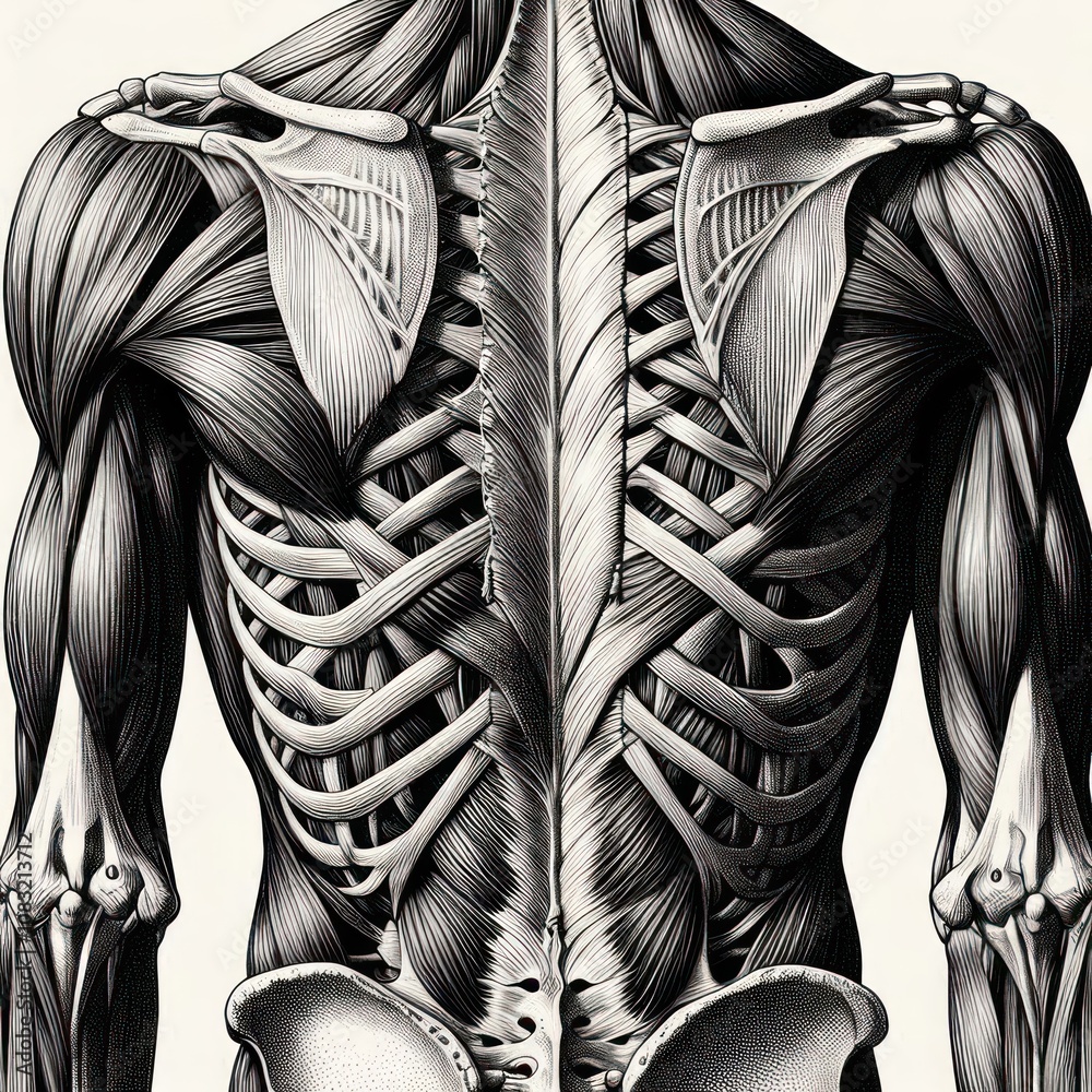 Detailed anatomical drawing of human back muscles and skeletal ...