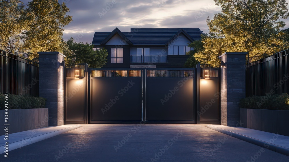 dark gray metal gate that combines form and function, set against a ... dark gray metal gate that combines form and function, set against a ...