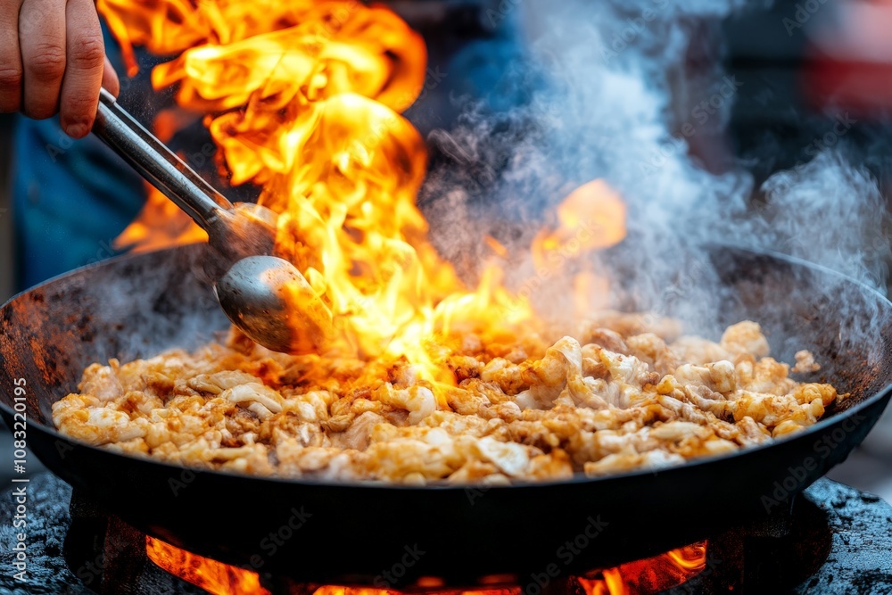 Flaming wok filled with stir fried ingredients capturing vibrant ...