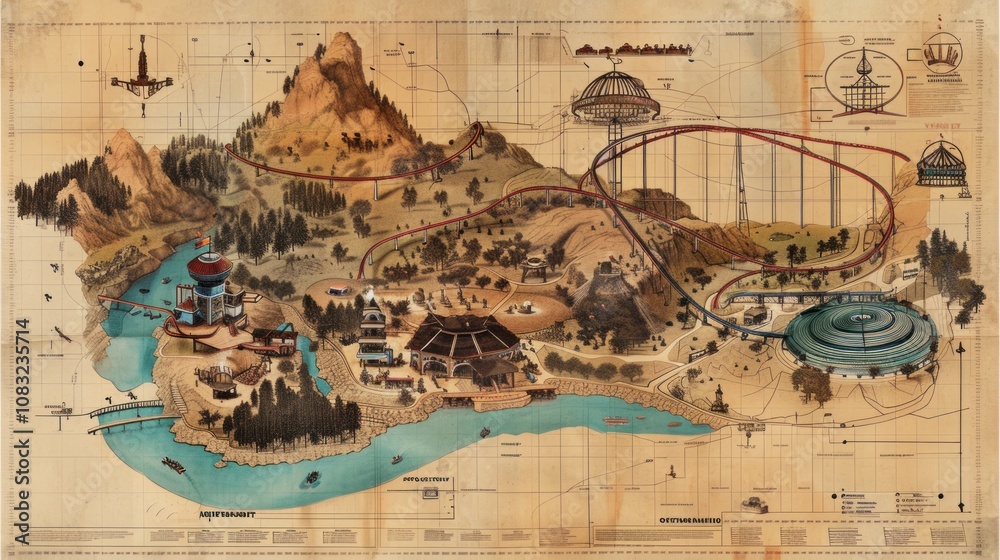 A vintage-style map illustration of an amusement park with a roller ...