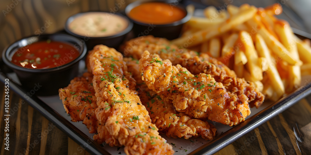 Tasty golden chicken tenders with honey mustard, buffalo sauce, and ...