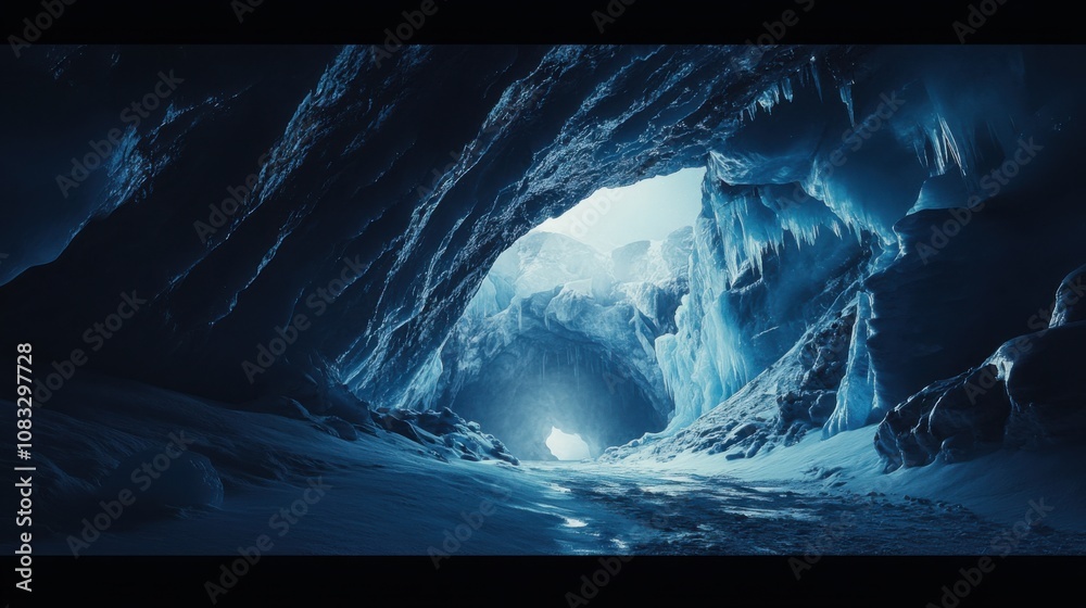 A surreal perspective of a massive ice cave illuminated by the ethereal ...