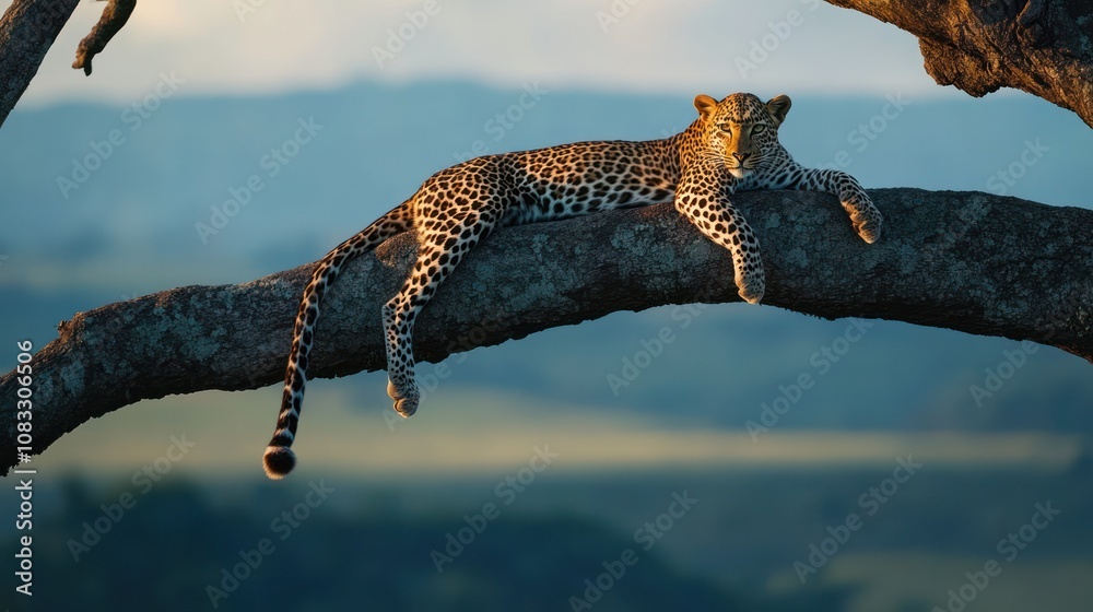 A leopard lounging on a tree branch, casually draping its body over a ...