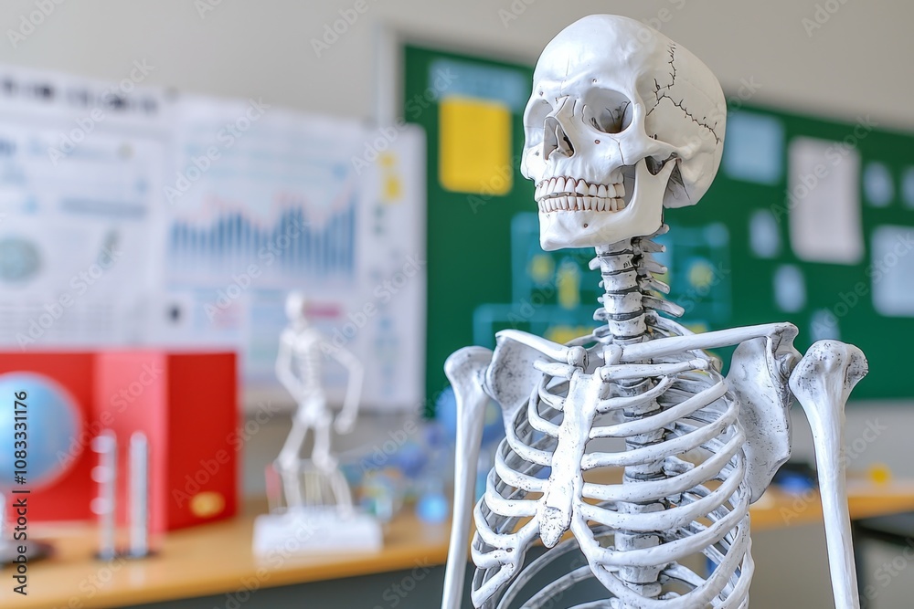 artificial skeleton posed in front of a whiteboard in a science ...