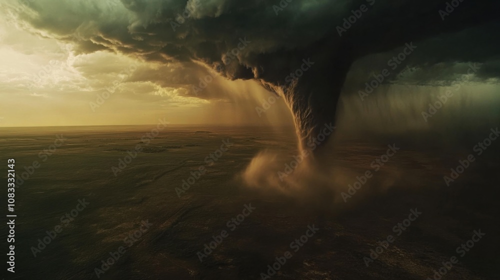 An epic aerial perspective of a massive tornado tearing through the heart of Tornado Alley in ...