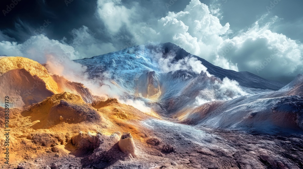 An infrared photograph of a volcanic landscape with steaming vents and ...