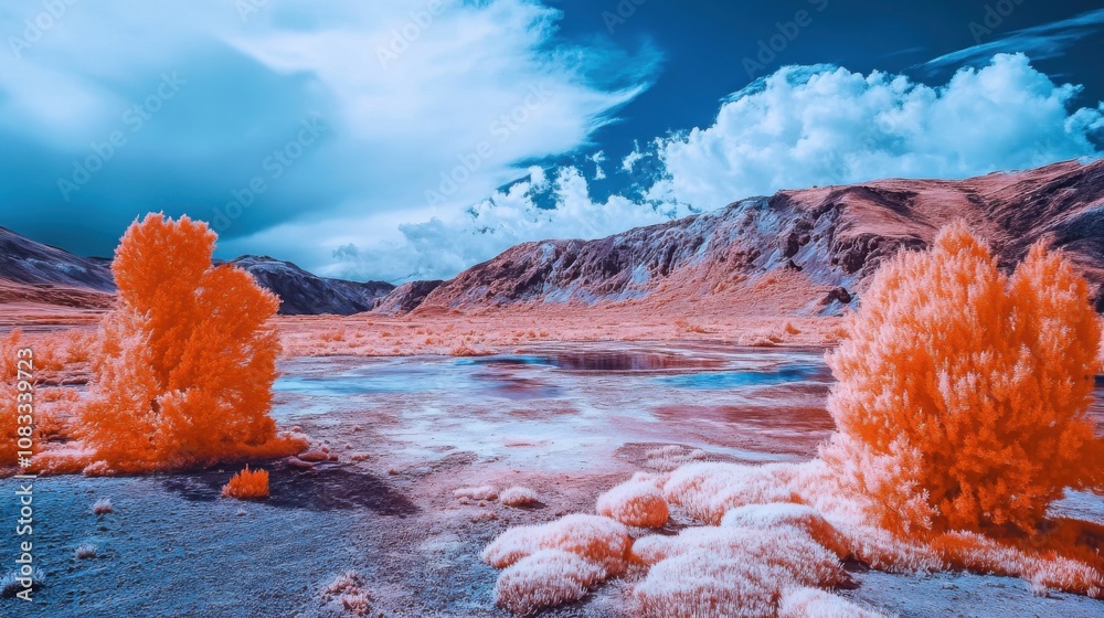 An infrared view of a thermal spring with colorful mineral deposits in ...