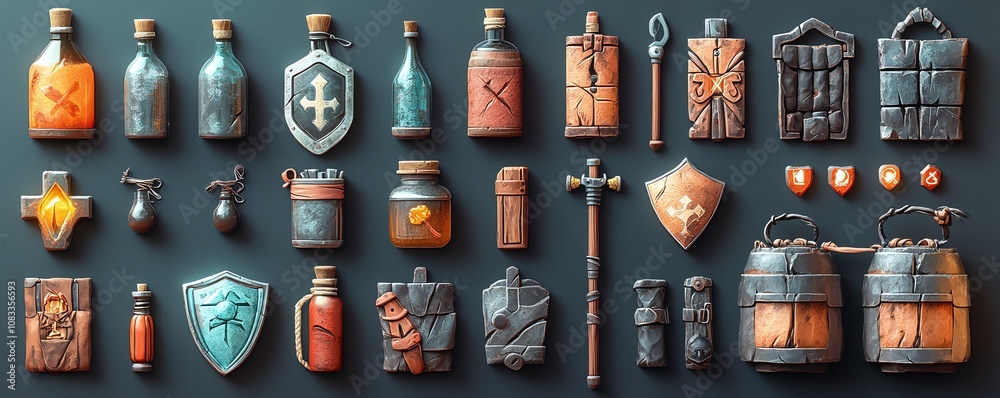 A collection of 3D game symbols and objects, including health potions ...