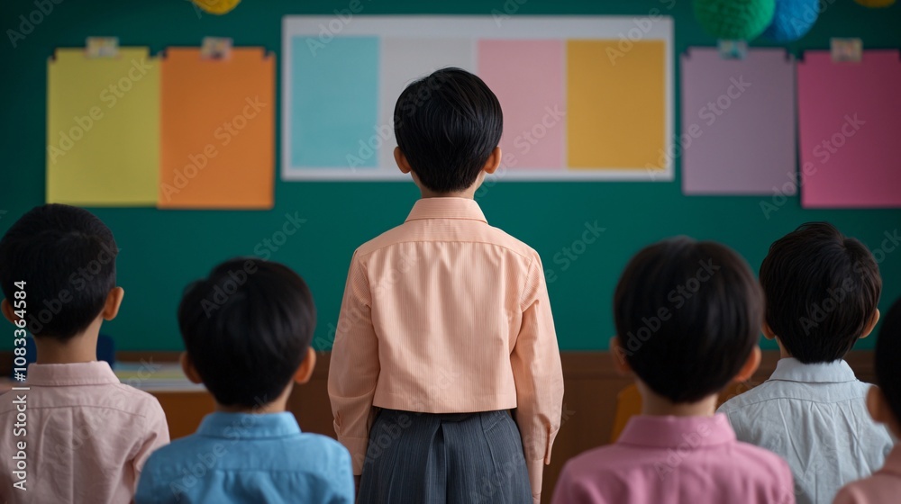 Children in Classroom Facing Blank Presentation Boards with Colorful ...