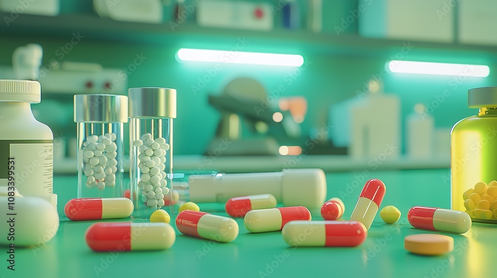 A modern science lab setup featuring beakers, test tubes, and a ...