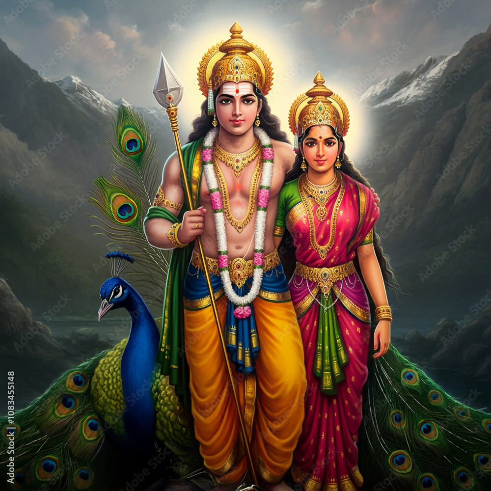Lord Kartikeya stands majestically with Goddess Valli and Goddess ...