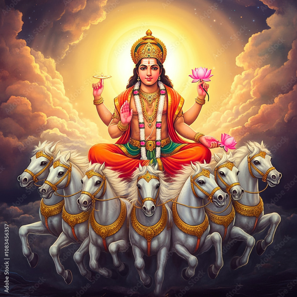 Surya, the Sun God, radiating divine light, seated on a golden chariot ...