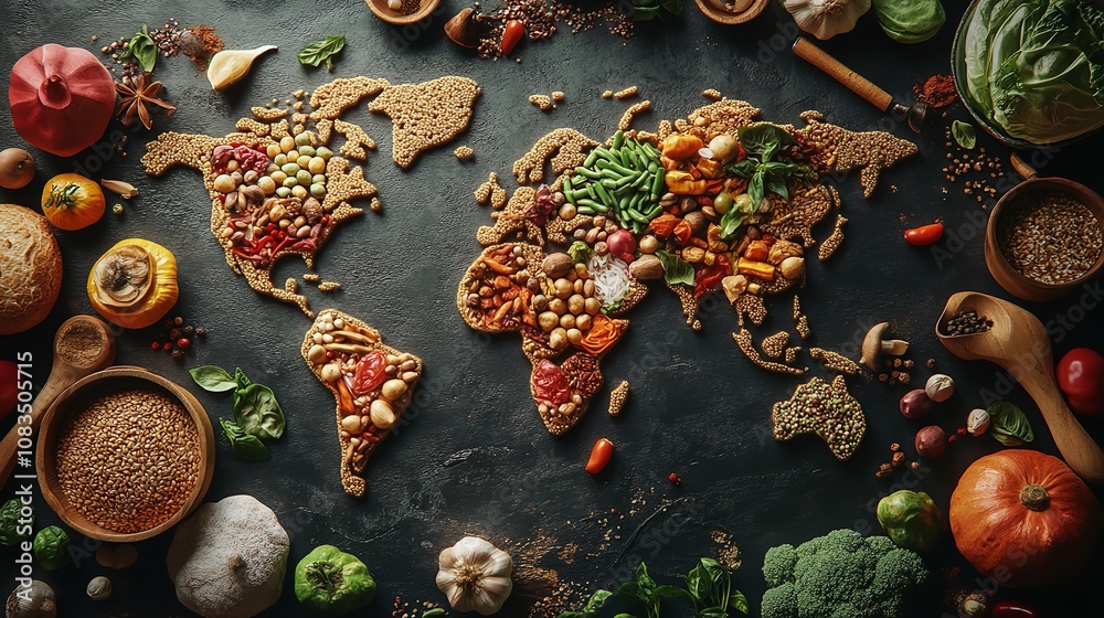 Diverse range of global cuisines. Top view of world map made of food ...