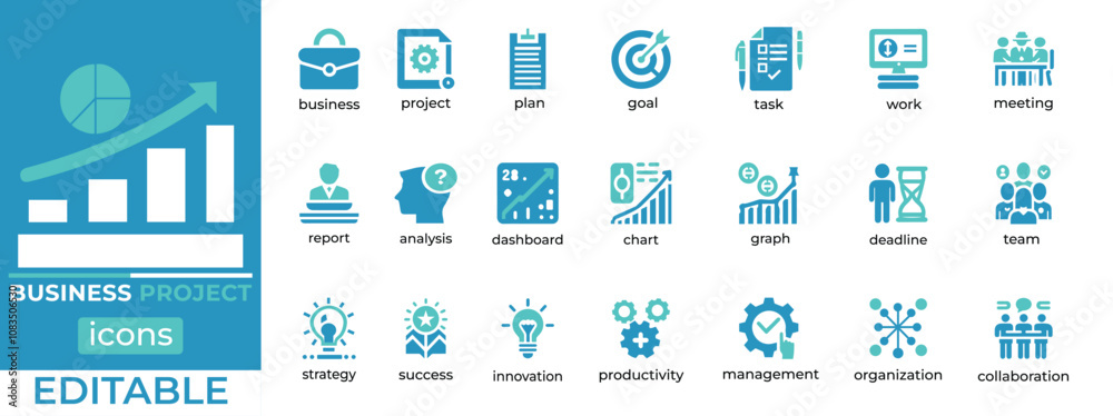 Complete set of editable business project icons for reports, plans ...