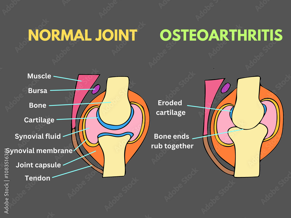 normal joint versus osteoarthritis joint with parts labelled disease ...