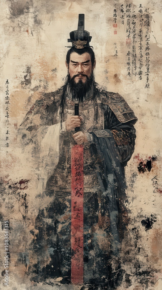 An ancient warrior stands proudly in traditional armor, holding a sword ...