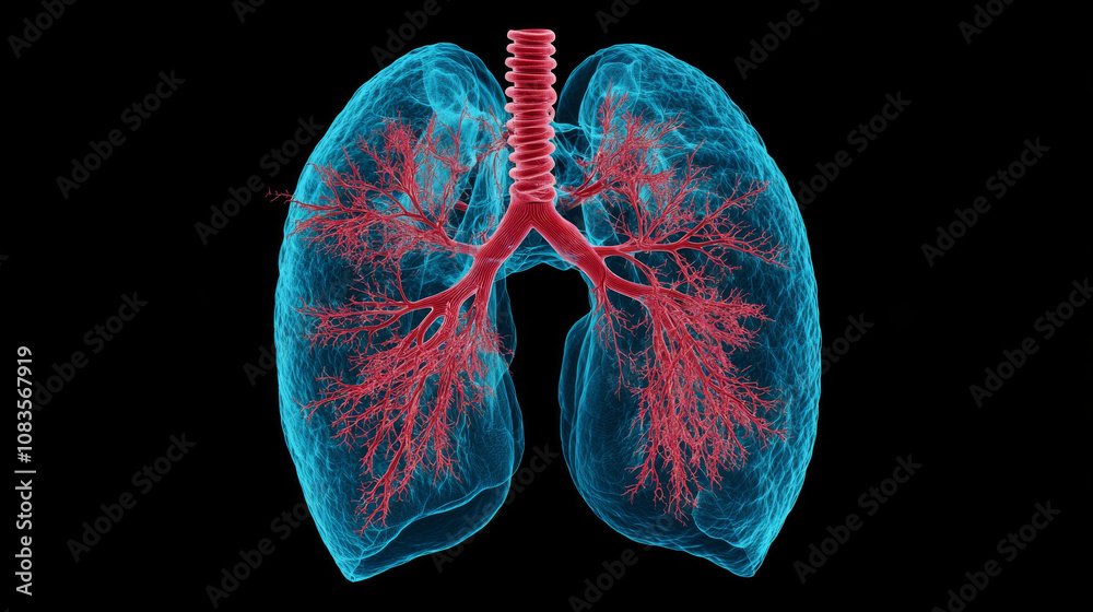A simple, blue 3D image shows the human lung airways. The red lines ...