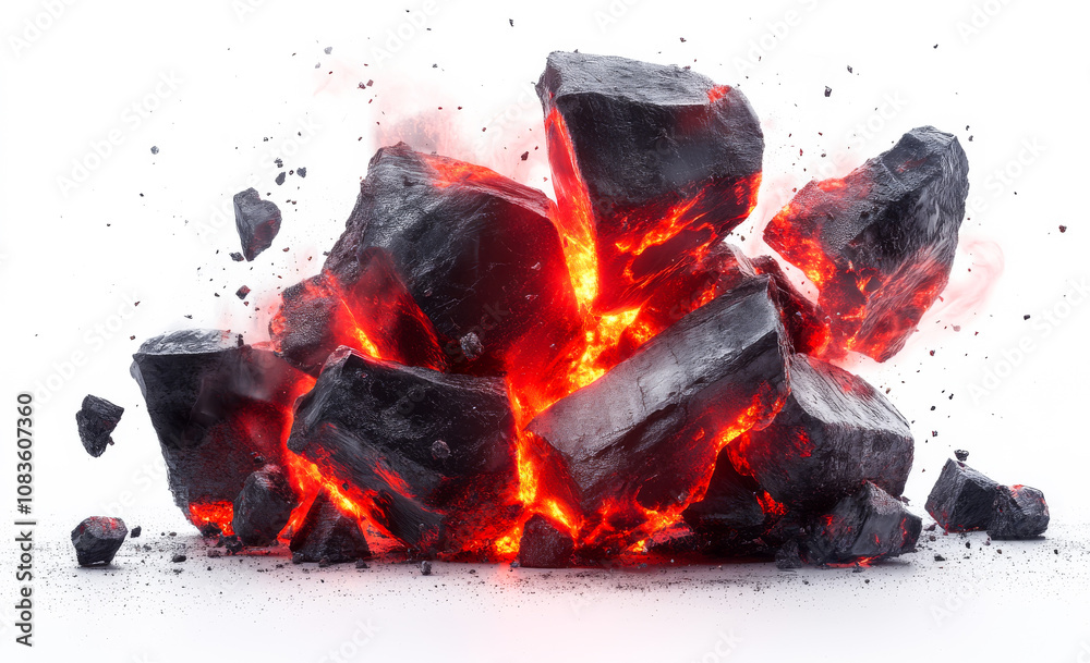 Evening volcanic eruption: rocks and magma. Large rocks explode from ...