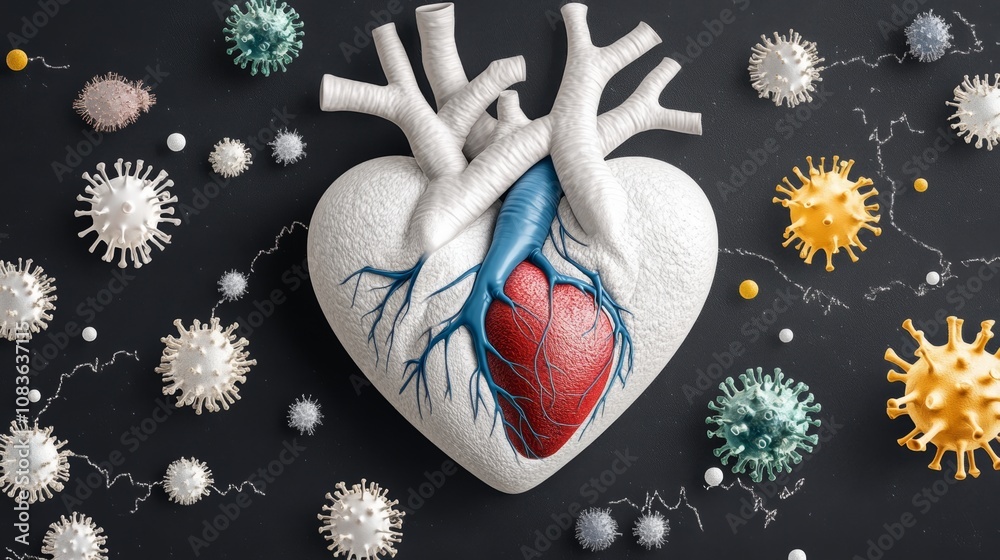 Detailed anatomy of heart with coronary arteries, medical illustration ...