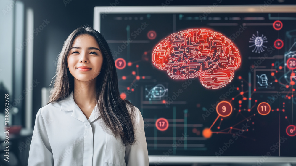 Asian woman immersed in developing a holographic app with a glowing ...