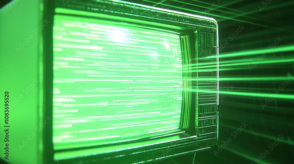 vintage CRT screen effect, strong scanlines, green monochrome tint ...