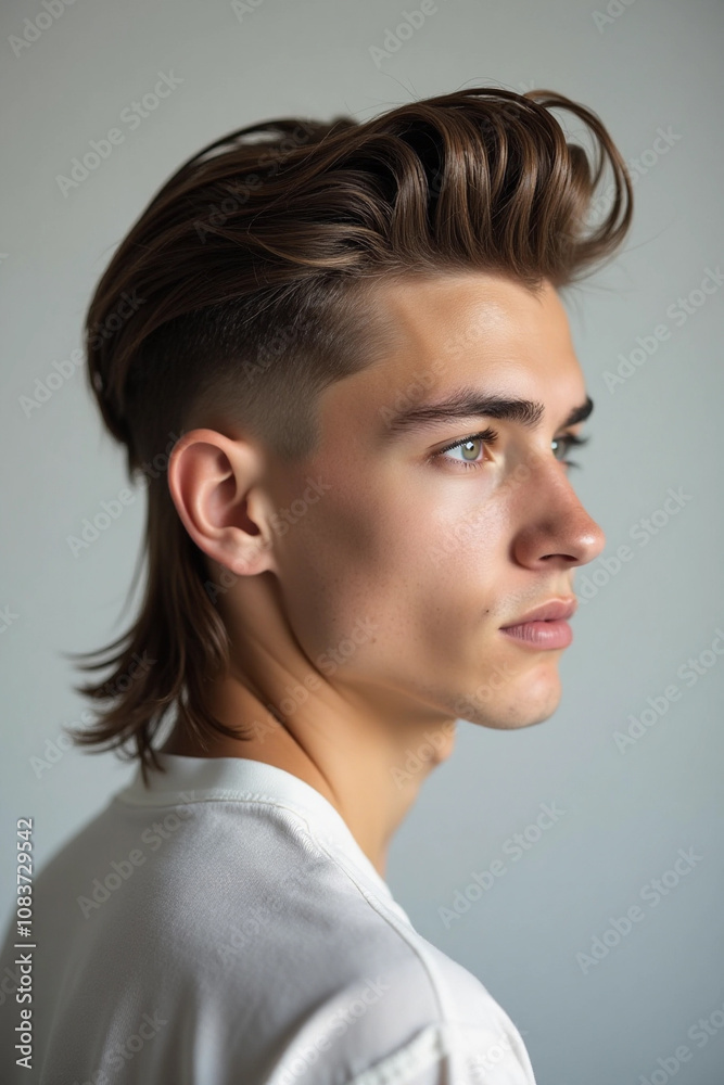 Mullet Hairstyle model on side profile shoot of Male adult with ...