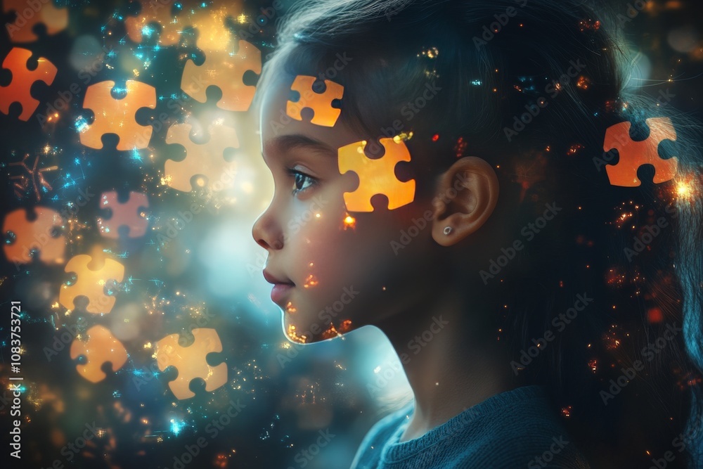 Child’s profile merging into colorful puzzle pieces symbolizing early ...