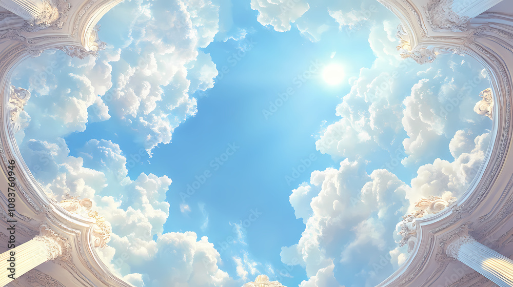Baroque style ceiling mural featuring blue sky and heavenly scene ...