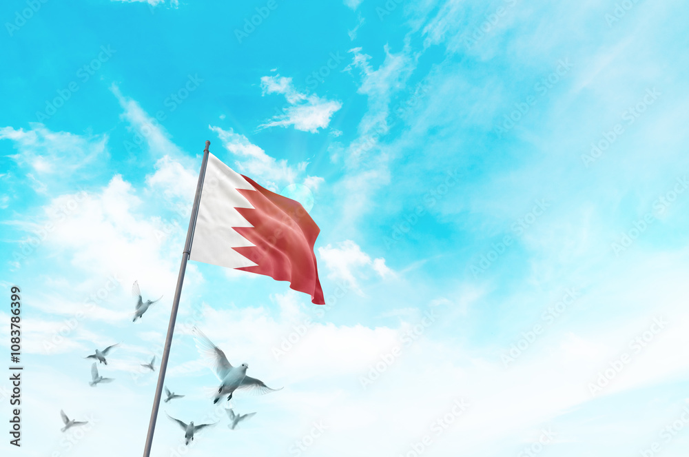 Bahrain flag waving with flying doves in beautiful sky. Bahrain flag ...
