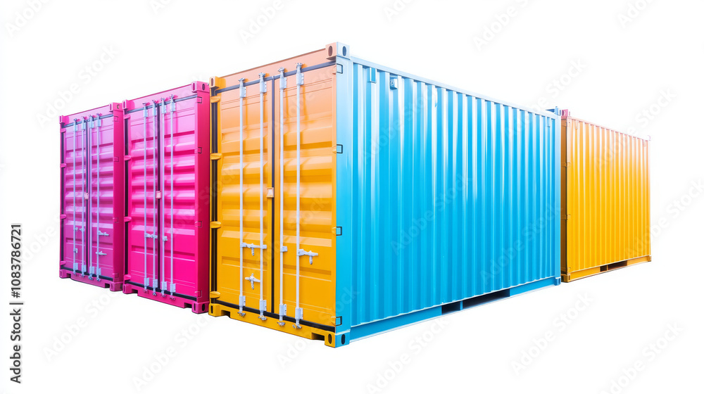 Three colorful shipping containers are stacked on a white background ...