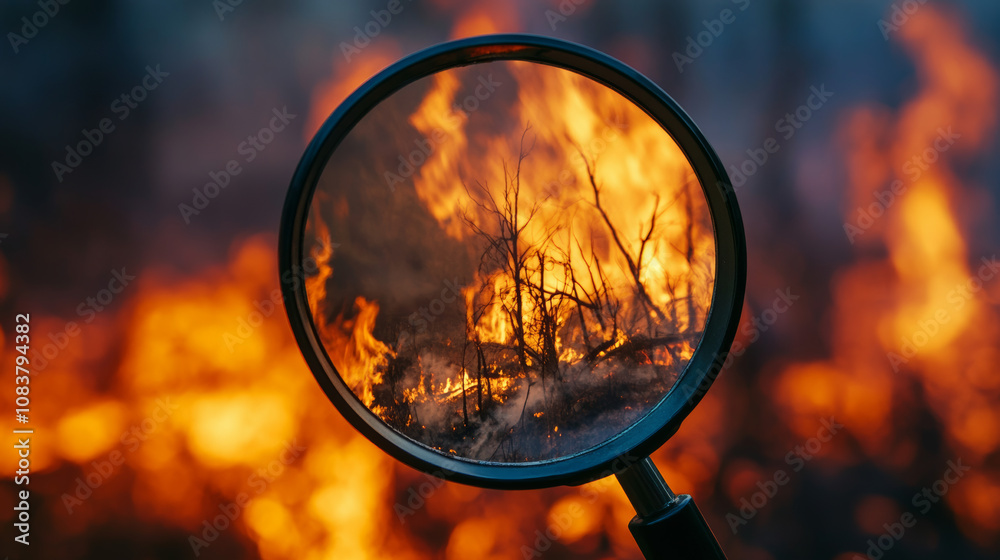 A magnifying glass points to a fire, showing how dangerous it can be ...
