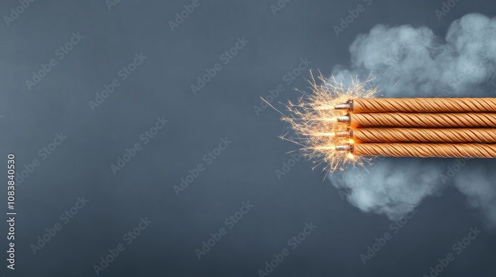 Sparking electrical cable showcasing combustion and smoke against a ...