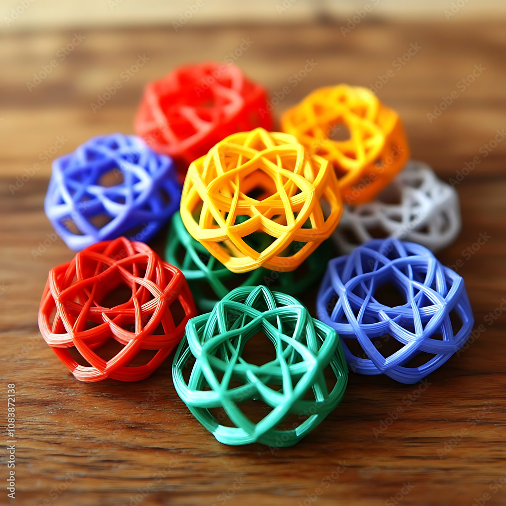 Colorful 3D geometric shapes made of flexible material arranged on ...