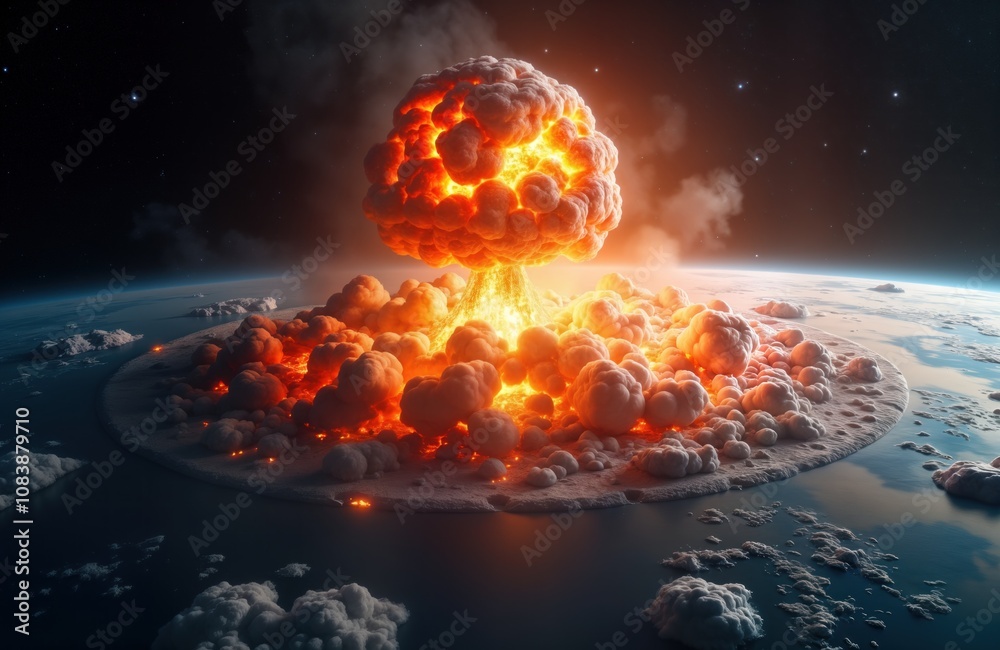 Huge nuclear bomb explodes on Earth surface. Massive fiery mushroom ...