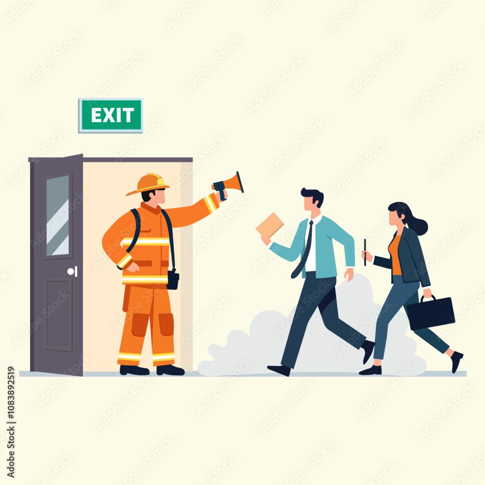 Emergency evacuation scene with firefighter guiding people to exit ...