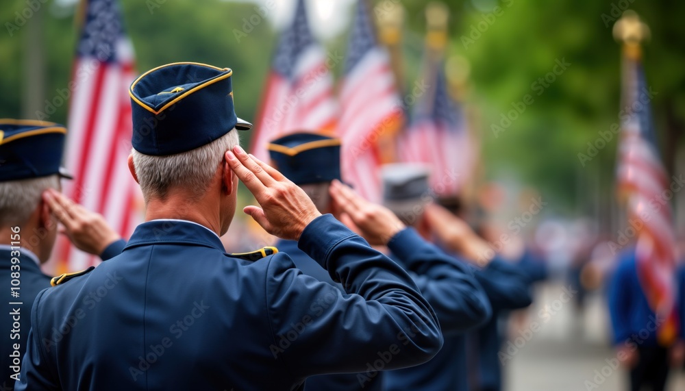 Military personnel render honors. Soldiers salute US flags. Patriotic ...