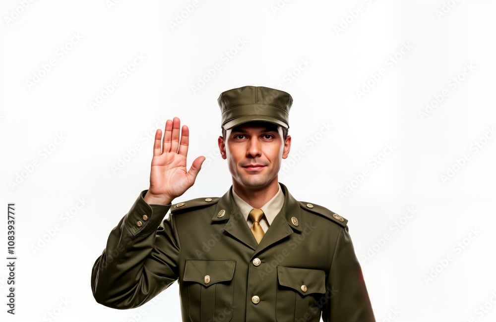 Military man in uniform salutes. Serious soldier in olive green ...