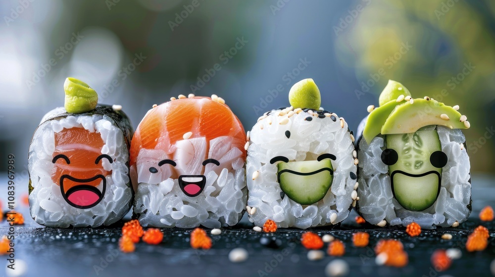 Smiling Maki Sushi: Cartoon maki sushi rolls with happy faces and cute ...