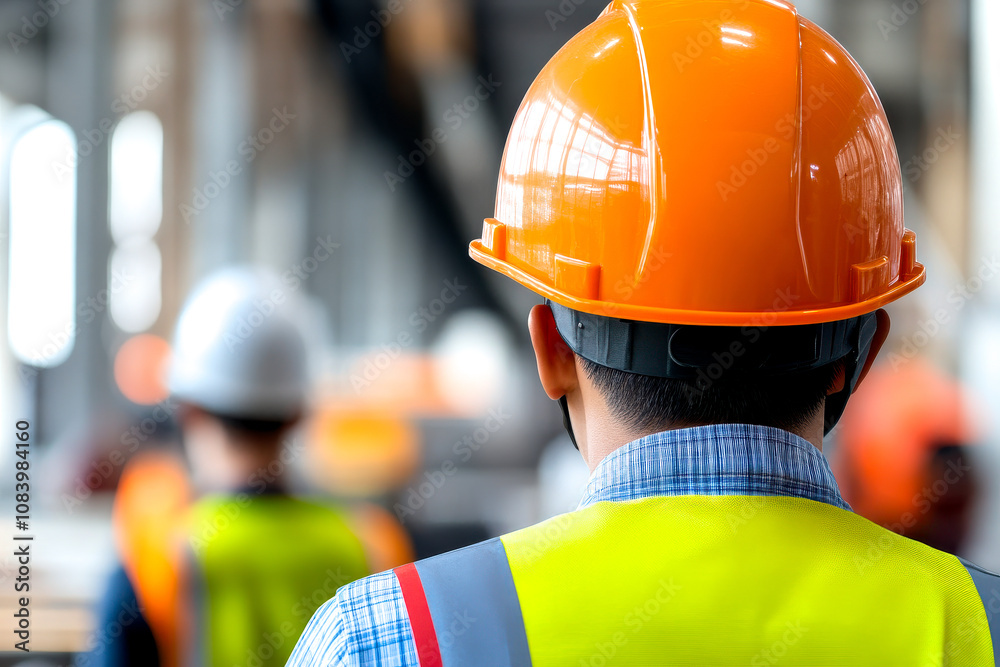 A construction worker in an orange helmet and safety vest observes a ...