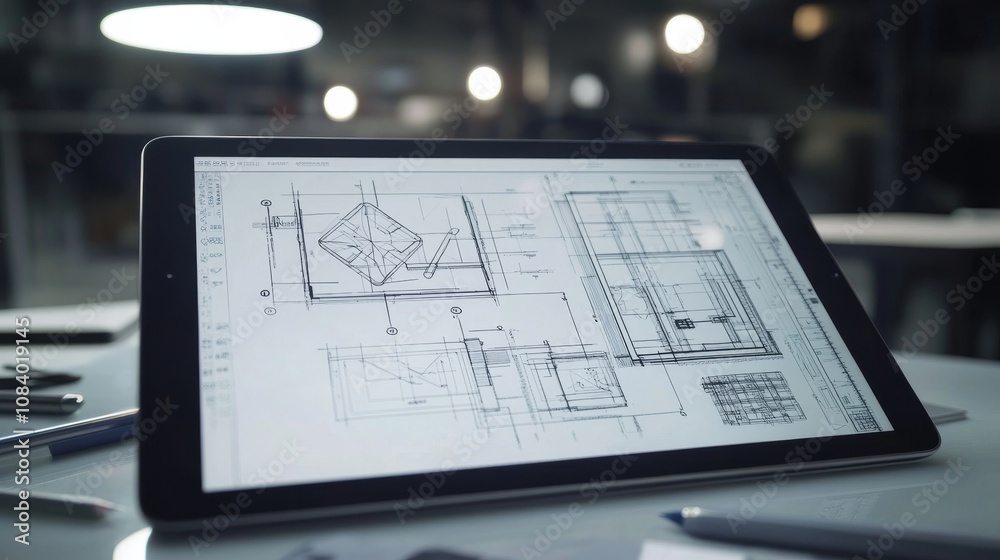 Architectural design process modern workspace digital blueprint indoor ...