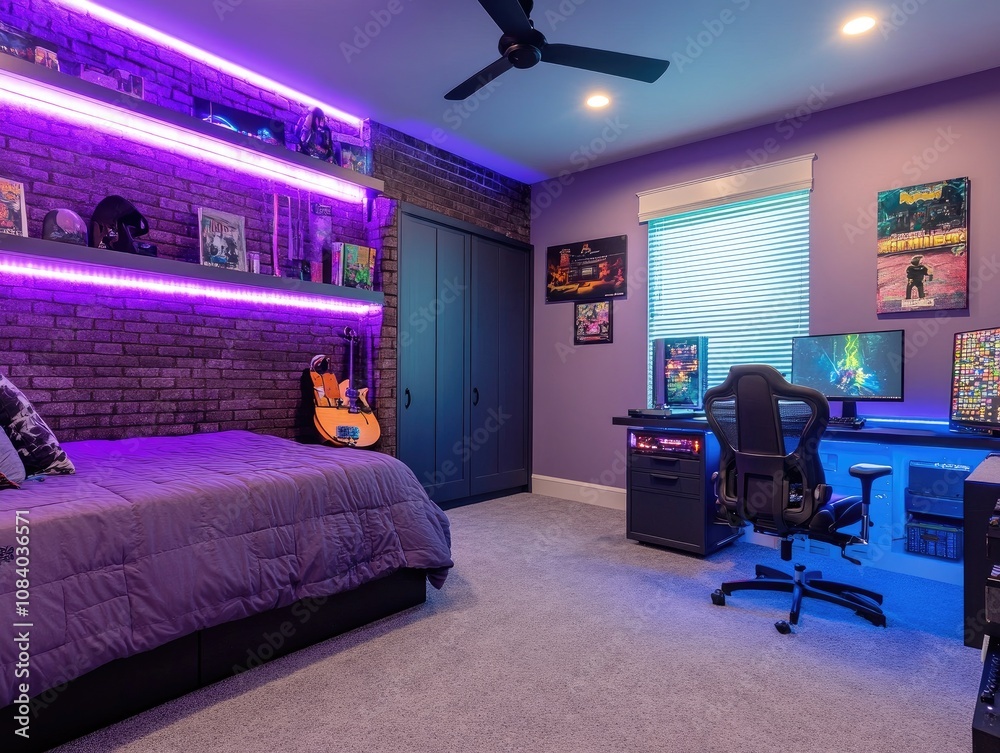 Modern teen boy's bedroom with LED lighting, gaming setup, and guitar ...